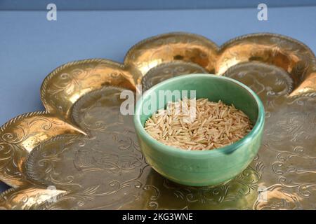 basmati rice in a brass bowl, cooked basmati rice, cooked plain rice ...