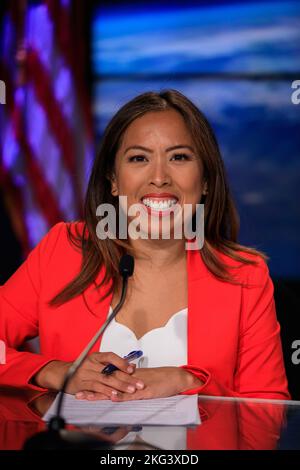 Megan Cruz, NASA Communications, moderates a prelaunch media briefing ...