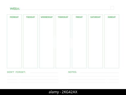 Weekly planner green color. Printable template. Vector illustration ...