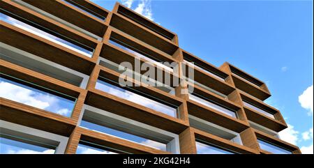 Day view of the stylish low-rise hotel with glass facade and red ...