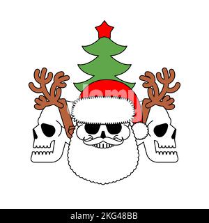 Christmas skulls set. Skeleton head of Santa and his helpers. Christmas ...