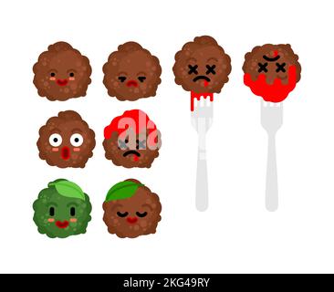Meatball cartoon set. cute meatball kit food Vector illustration Stock ...