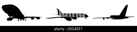 Conceptual set of three flying black passenger jetliner or commercial ...