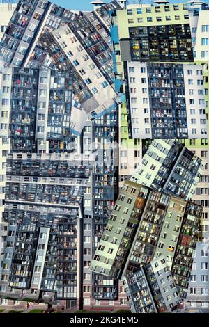 Abstract collage with fragments of a multi-storey house with balconies ...