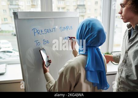 English teacher explaining Present Simple tense at whiteboard in ...