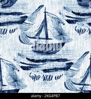 Indigo dye wash coastal damask seamless border pattern. Washed out ...
