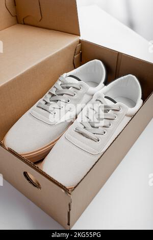 Vintage open cardboard shoe box isolated on white with natural shadows ...