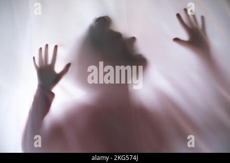 Depressed Man with mantal problems hiding above the curtain Stock Photo ...