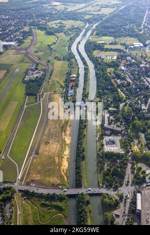 Aerial view, construction site Erlebraum Lippeaue at the river Lippe ...