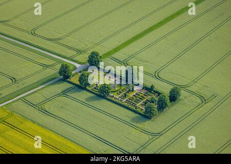 Aerial view, cemetery Wambeln, shape and color with trees surrounded by ...