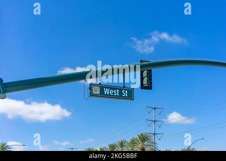 Anaheim, CA, USA – November 2, 2022: A white zebra crosswalk and a ...