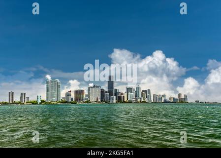 A scenic display of Miami skyline with its skyscrapers against the blue ...