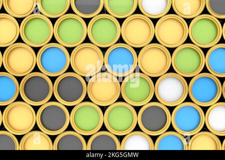 Set of open metal can or buckets of paint in row pattern on white ...