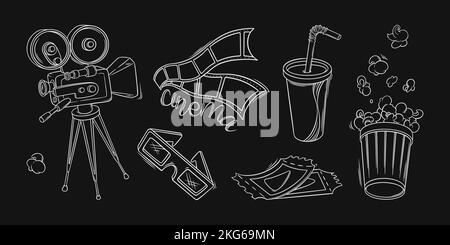 Cinema film, camera, popcorn and other objects. Cinema set in doodle style. Vector illustration ...