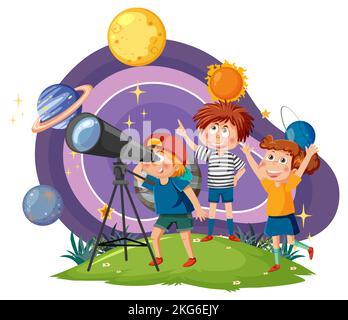 Kids observing planets with telescope illustration Stock Photo - Alamy