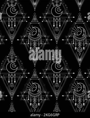 Monochrome texture with black contour occult symbols with stars and ...