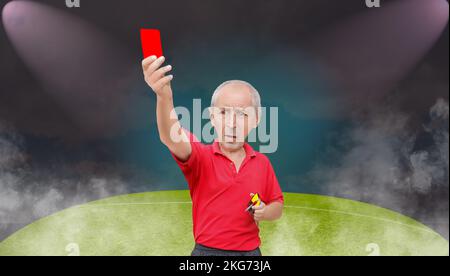 Angry football referee showing a red card and pointing with his hand ...