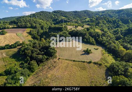 Panorama of beautiful countryside. sunny afternoon. Grassy field and ...