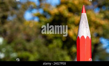 large decorative colored wooden pencils on defocused background, back ...