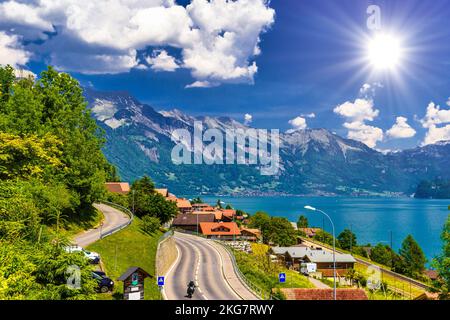 Road with cliffs, Lake Brienz, Oberried am Brienzersee, Interlaken ...