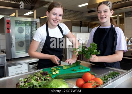 Students working in the school kitchen with a teacher on a secondary ...