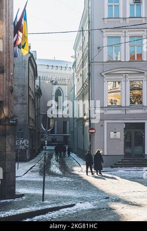 Riga, Latvia - 8 December, 2022: an old house facade with tower and ...