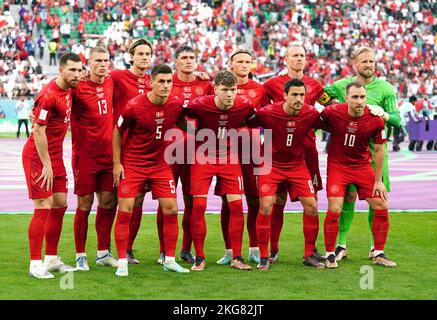 Denmark starting players pose for a team photo at the beginning of the ...