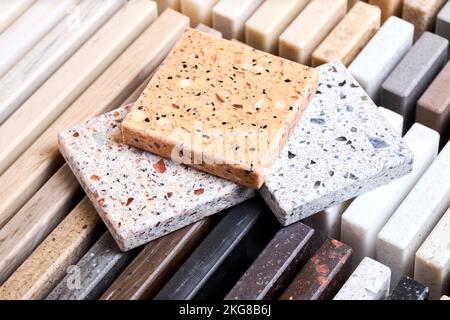 Porcelain three stoneware artificial stone square samples laid on ...