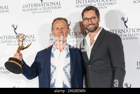 Marc Munden and Ryan Eggold attend 50th International Emmy Awards press ...