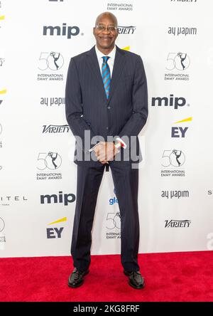 Dr. Edwin Moses attends 50th International Emmy Awards at Hilton hotel ...