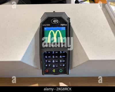 Paris, France - Oct 2, 2022: Dusty dirty Ingenico Lane 3000 pos card ...
