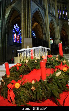 METZ, FRANCE - DECEMBER 19, 2015: Advent wreath with 4 candles near ...