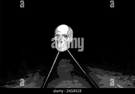 Skull on a black background, railroad tracks leading into the distance ...