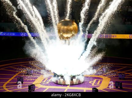 Fireworks light up a giant FIFA World Cup Trophy on the pitch ahead of ...