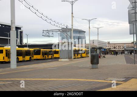 Minsk, Belarus - 28 october, 2022: Buses at the bus station close up ...