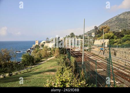 Railroad tracks next to a cliff by the sea on a sunny day Stock Photo ...