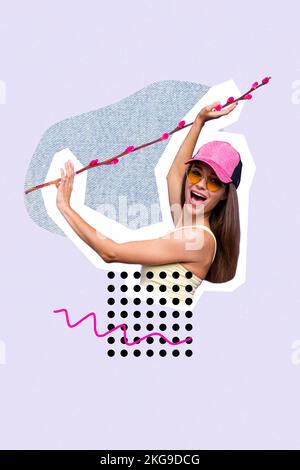 Photo of excited funny girl dance red gerbera wear stylish outfit dance ...