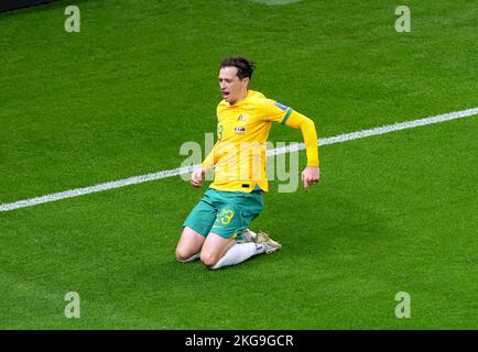 Craig Goodwin of Australia celebrates his goal with his teammates ...