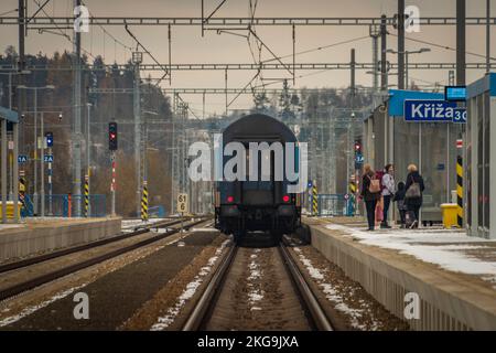 Krizanov station with passenger train in early winter cloudy day Stock ...