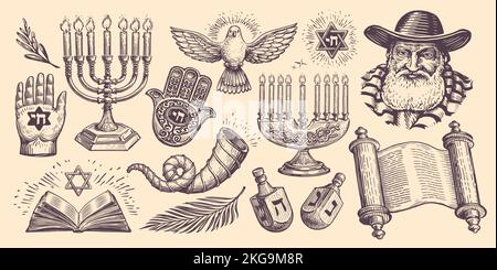 Jewish set sketch. Torah scroll, Menorah, Shofar, Rabbi, Miriam hand ...