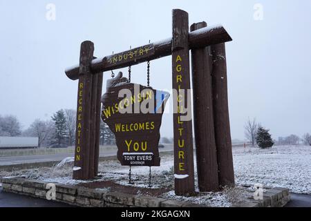 A Wisconsin Welcomes You sign with the name of governor Tony Evers ...