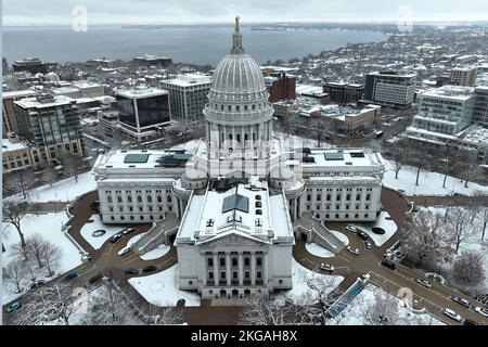 A general overall aerial view of the Wisconsin State Capitol building ...