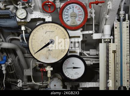 Depth gauge in a submarine in Kiel, Schleswig-Holstein, Germany, Europe ...