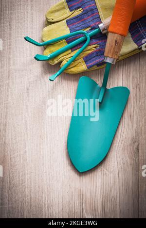 Hand spade metal rake safety gardening gloves agriculture concept Stock ...