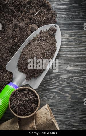 Peat glasses hand spade soil chalkboard sign tags on wooden board Stock ...