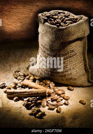 vintage vith coffee beans sack on old wood desk and wooden background1 ...