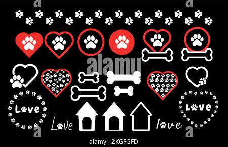 Dog Icons Set - Black Silhouette Dog Breeds Paw Print Dog House Vector ...