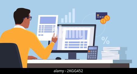 Businessman checking paperwork and electronic documents, business ...