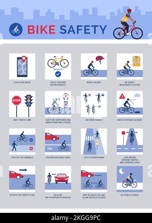 Bike safety equipment and cycling safety tips, infographic with icons ...