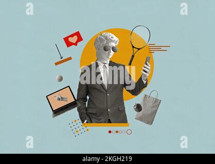 Contemporary art collage. Man, businessman falling down on delicious ...